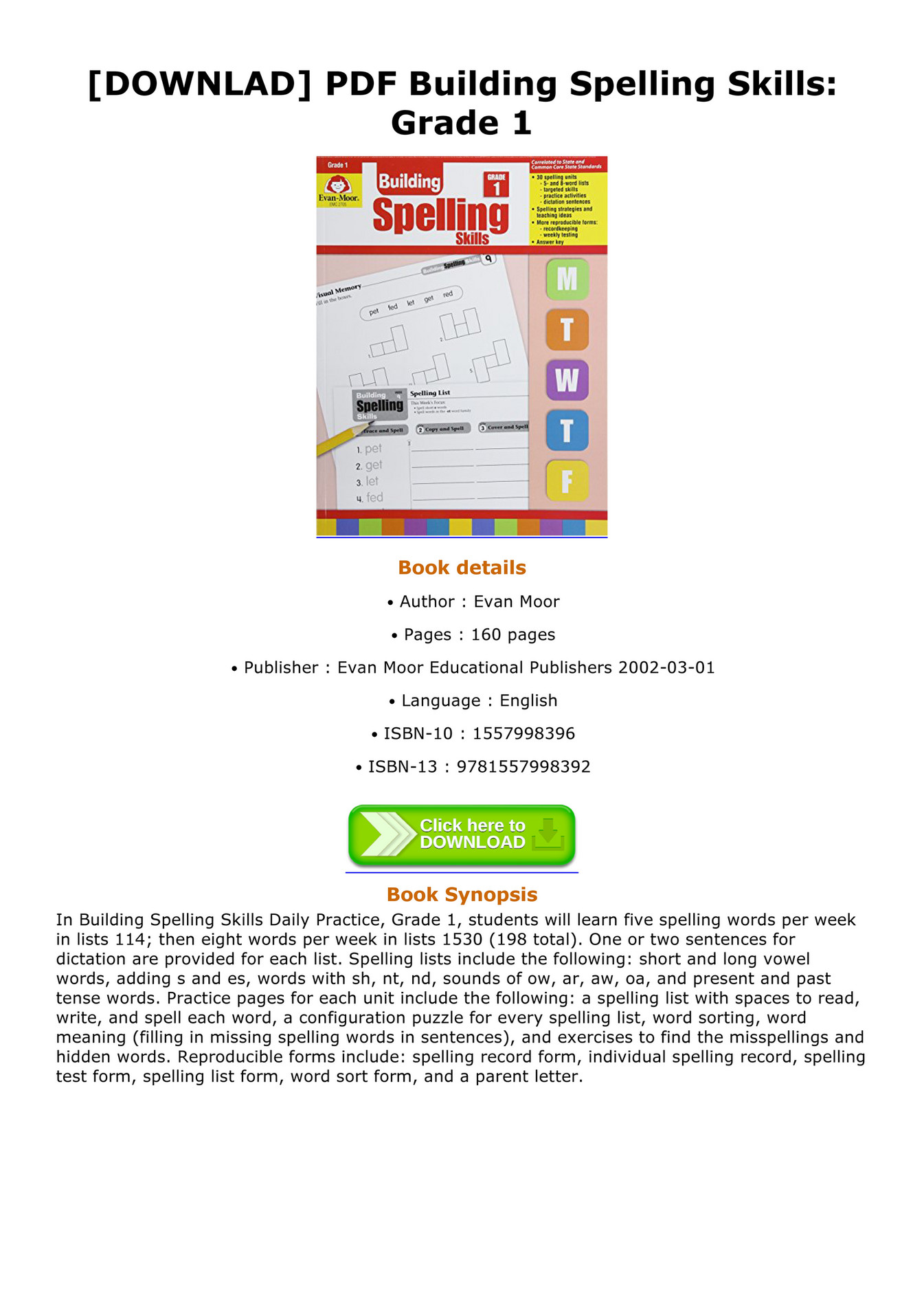 Caleb - DOWNLAD PDF Building Spelling Skills Grade 1 - Page 1 - Created ...