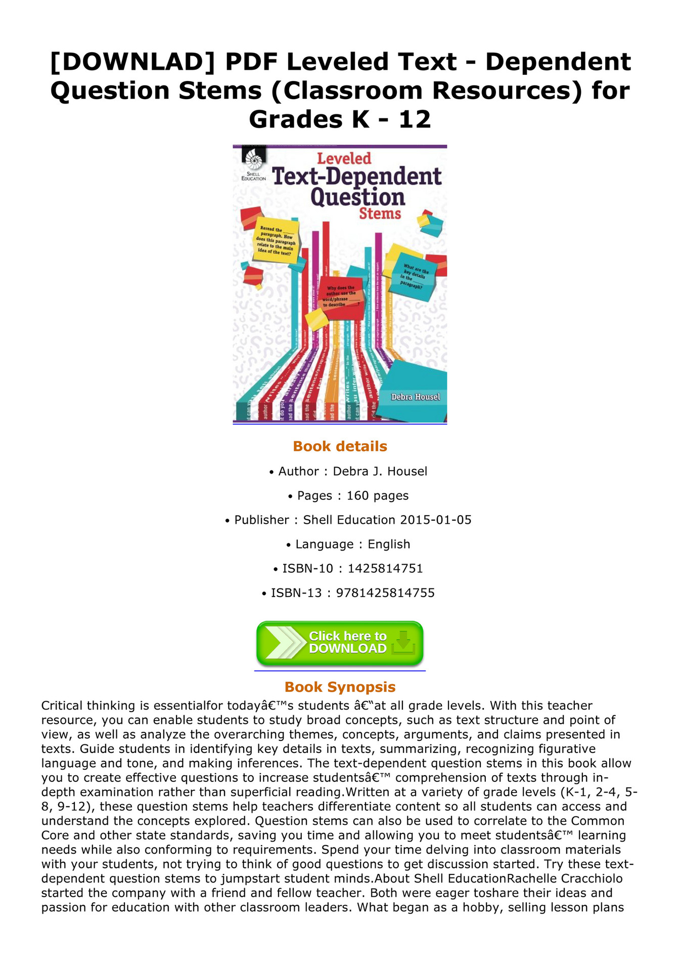 Buis - DOWNLAD PDF Leveled Text Dependent Question Stems Classroom ...