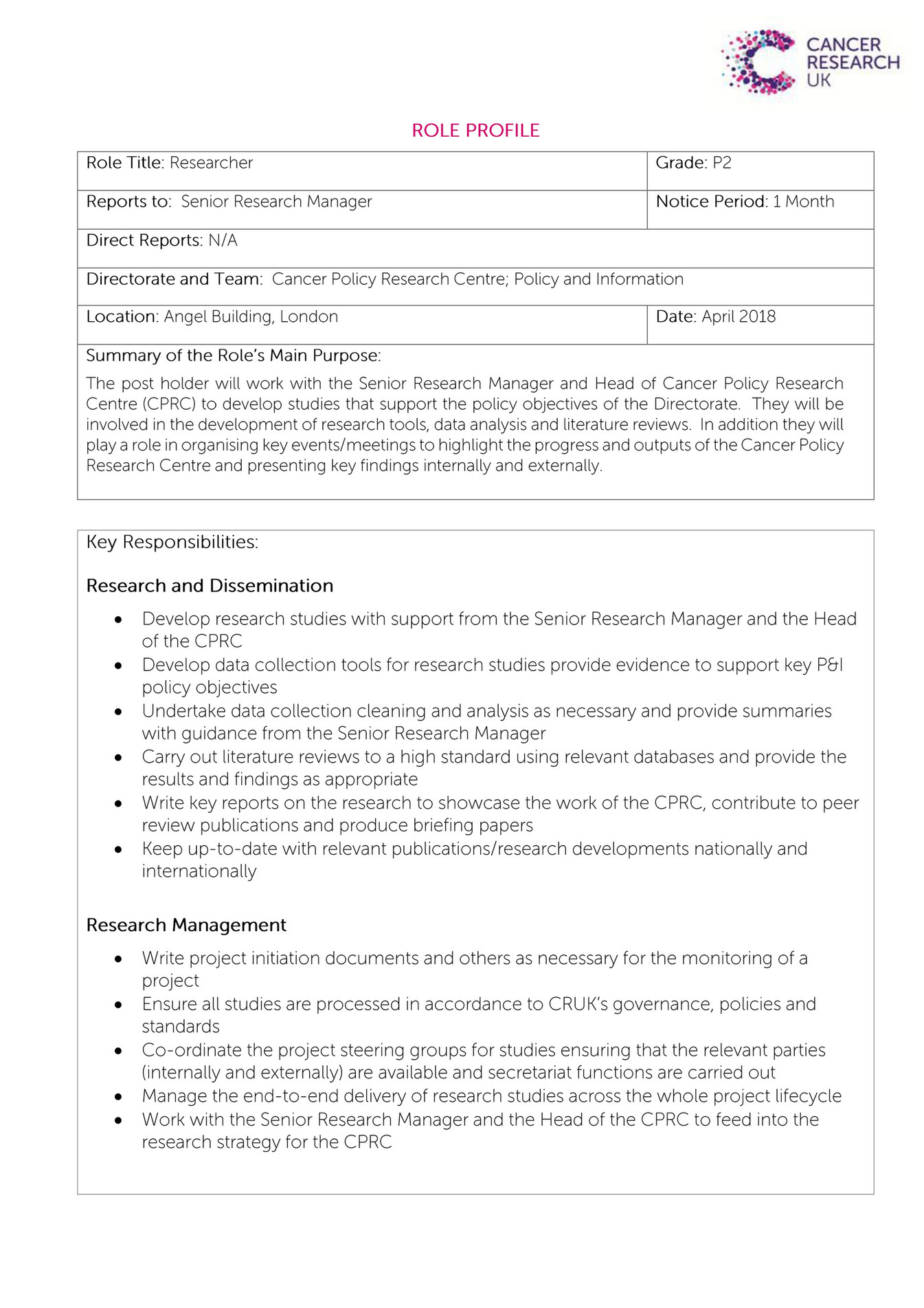 Cancer Research UK - Role Profile - Researcher 2018 - Page 1 - Created ...