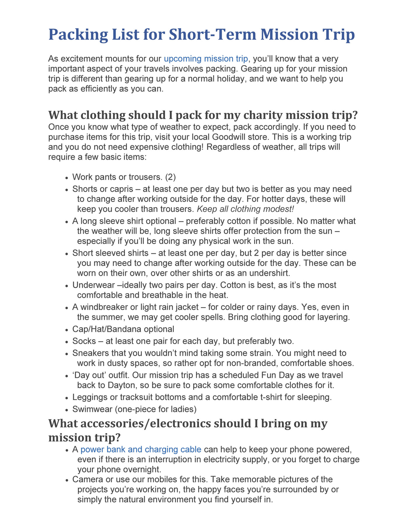 Christian Life Center - MS Packing List for Your Short-Term Mission ...