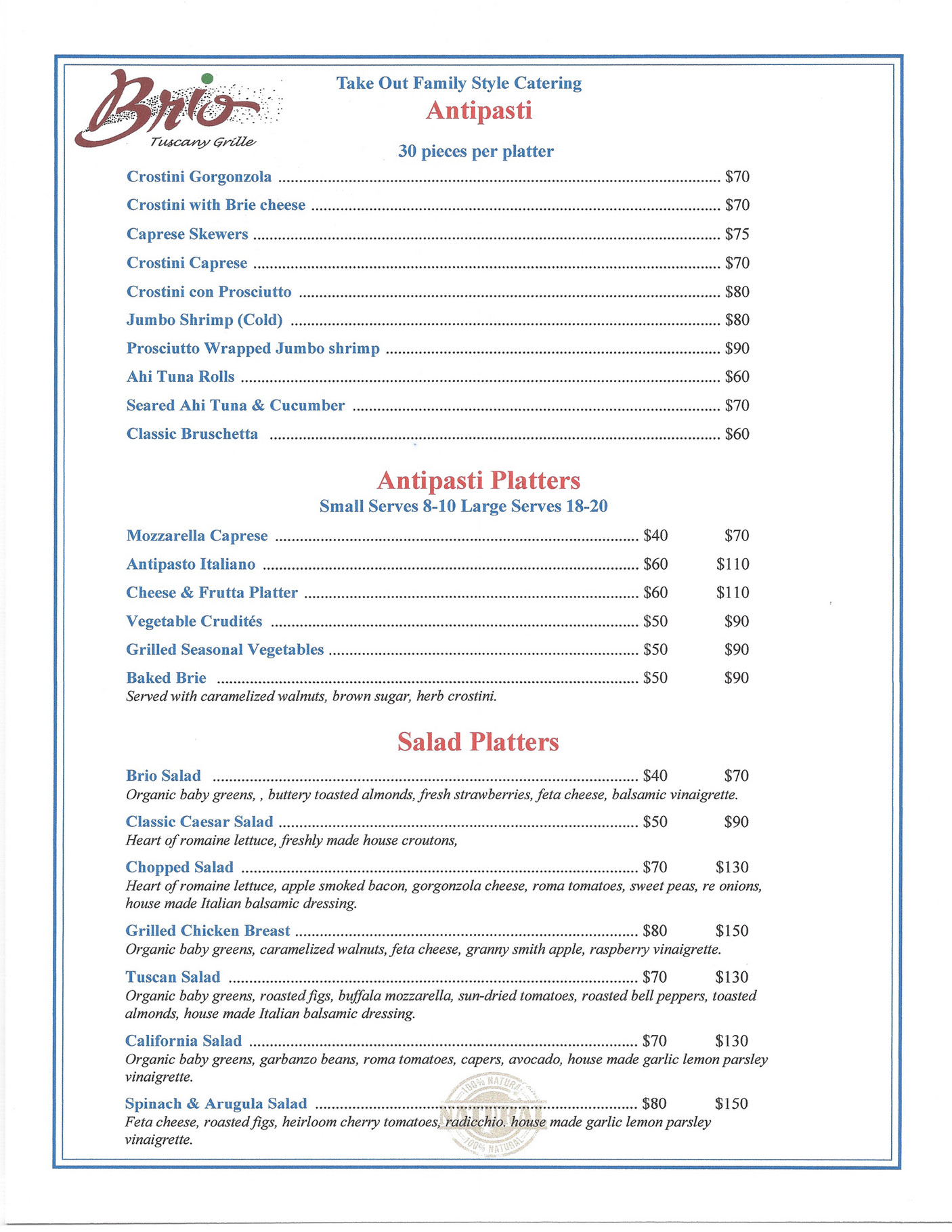 Brio Tuscany Grille - Take Out Family Style Catering Menu 2018 - Page 1 ...