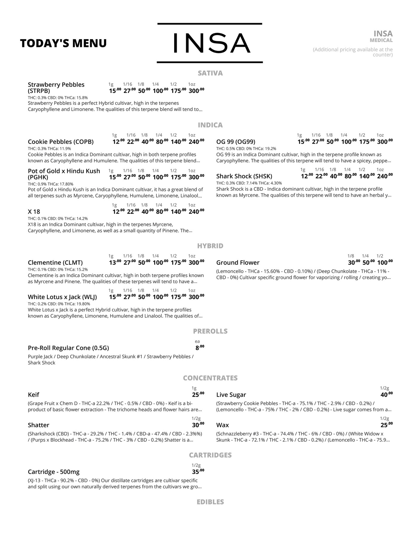 Insa Springfield Menu