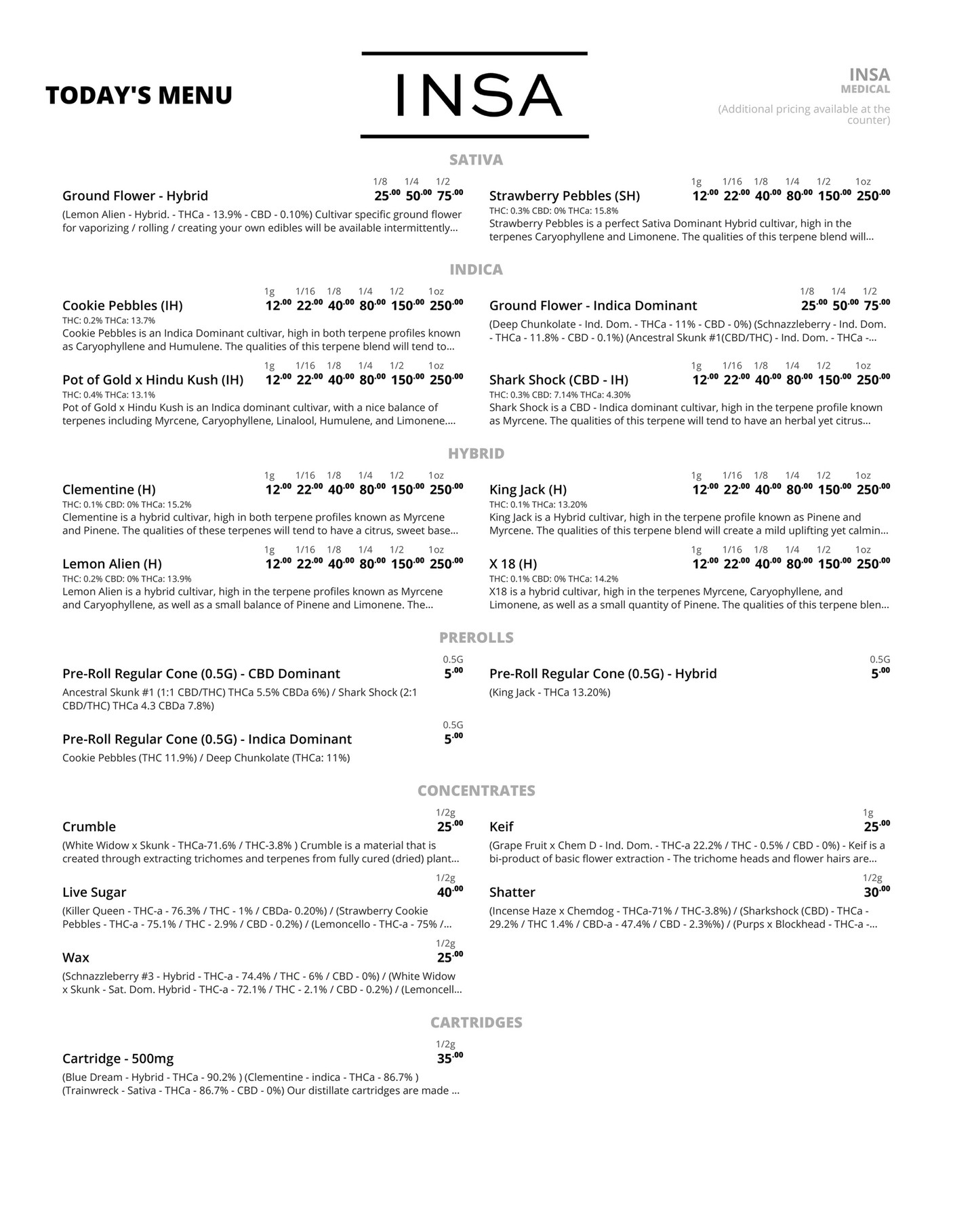 Insa Springfield Menu