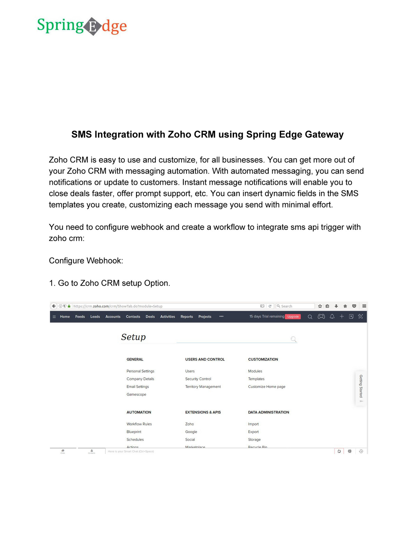 Spring Edge Sms Integration With Zoho Crm Using Spring Edge Sms