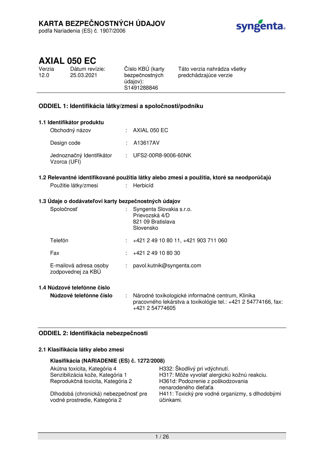 Syngenta - Karta bezpečnostných údajov Axial 050 EC - Strana 1