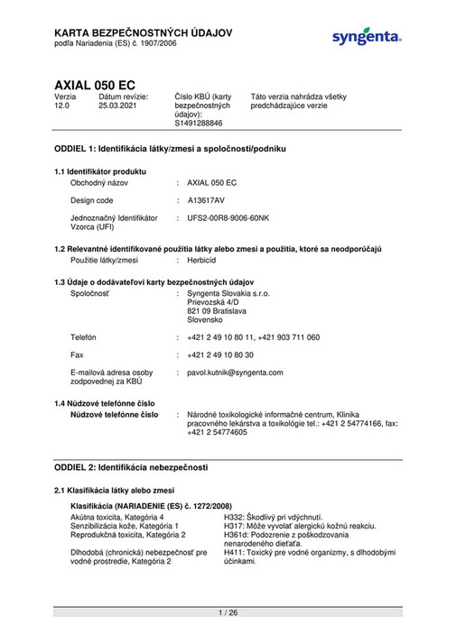 Syngenta - Karta bezpečnostných údajov Axial 050 EC - Strana 1