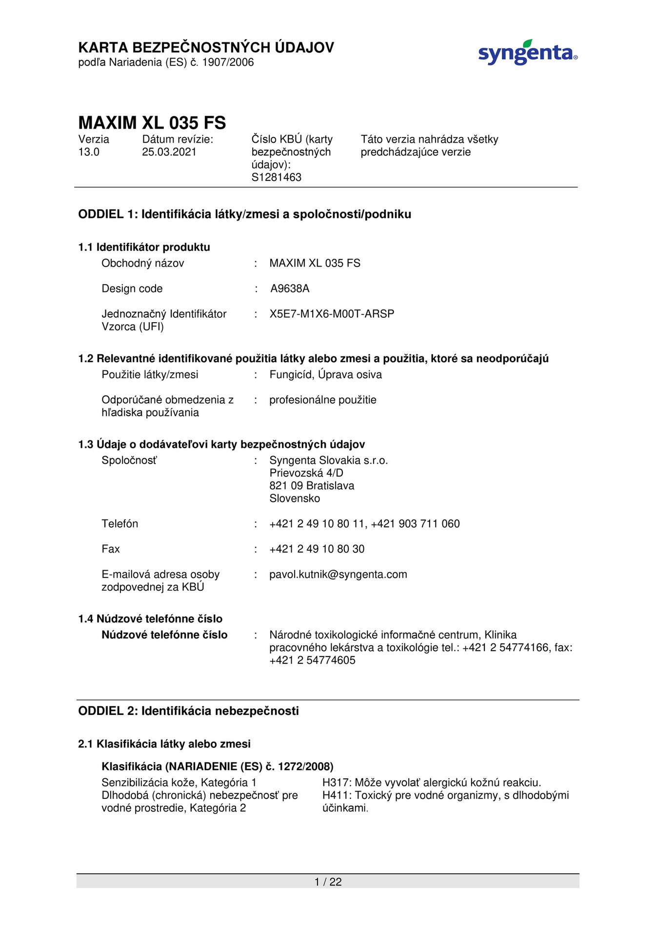 Syngenta - Karta bezpečnostných údajov Maxim XL 035 FS - Strana 1