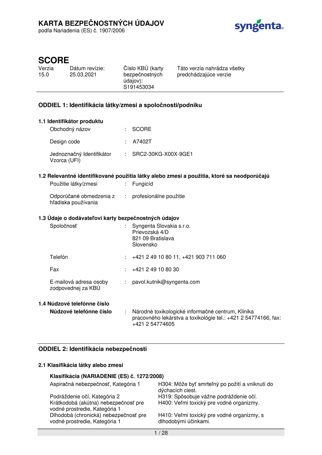 Syngenta - Karta bezpečnostných údajov SCORE - Strana 1