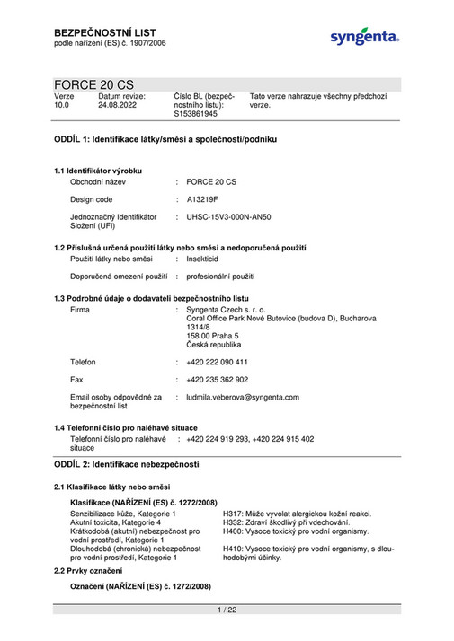 Syngenta - Bezpečnostní list Force 20 CS - Strana 1