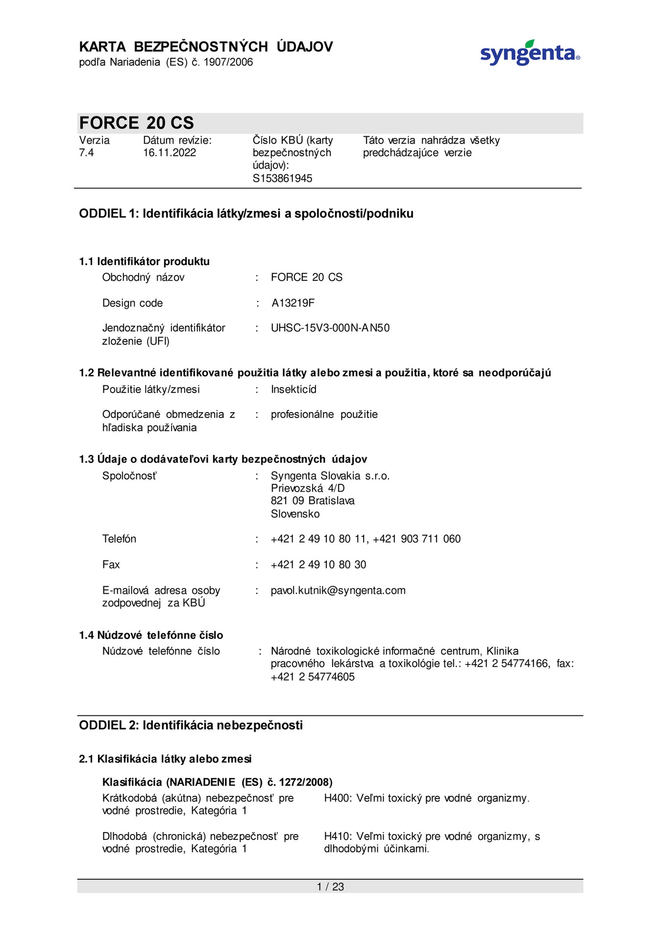 Syngenta Msds Force 20 Cs 2022 11 16 Ufi Strana 1