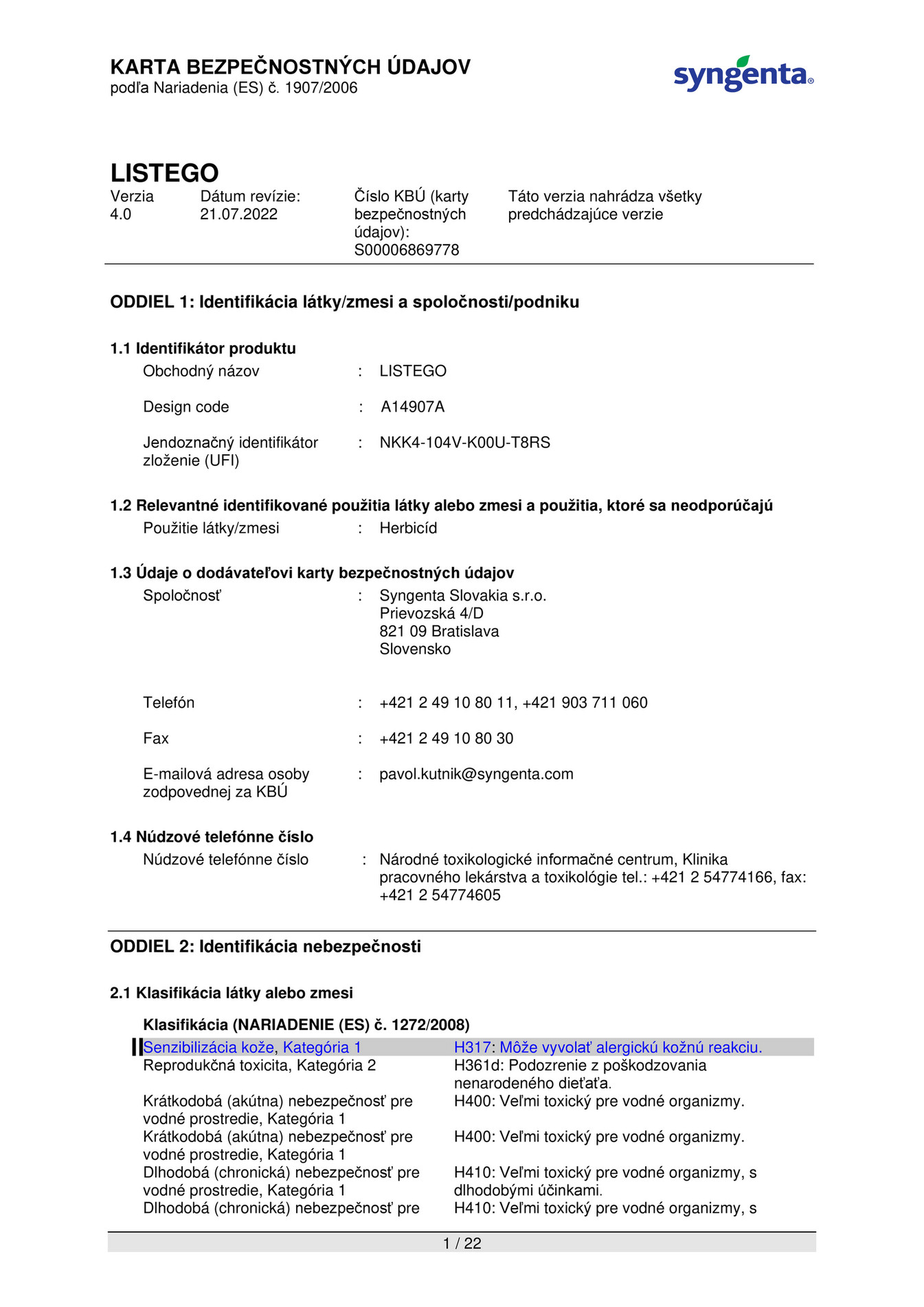 Syngenta - msds_LISTEGO_2022-07-21.UFI - Strana 1