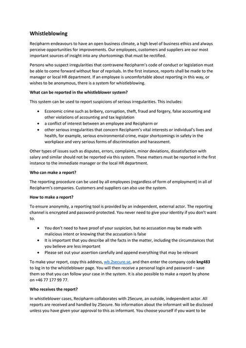 Bespak - Recipharm Whistleblower Policy - Page 1 - Created with ...