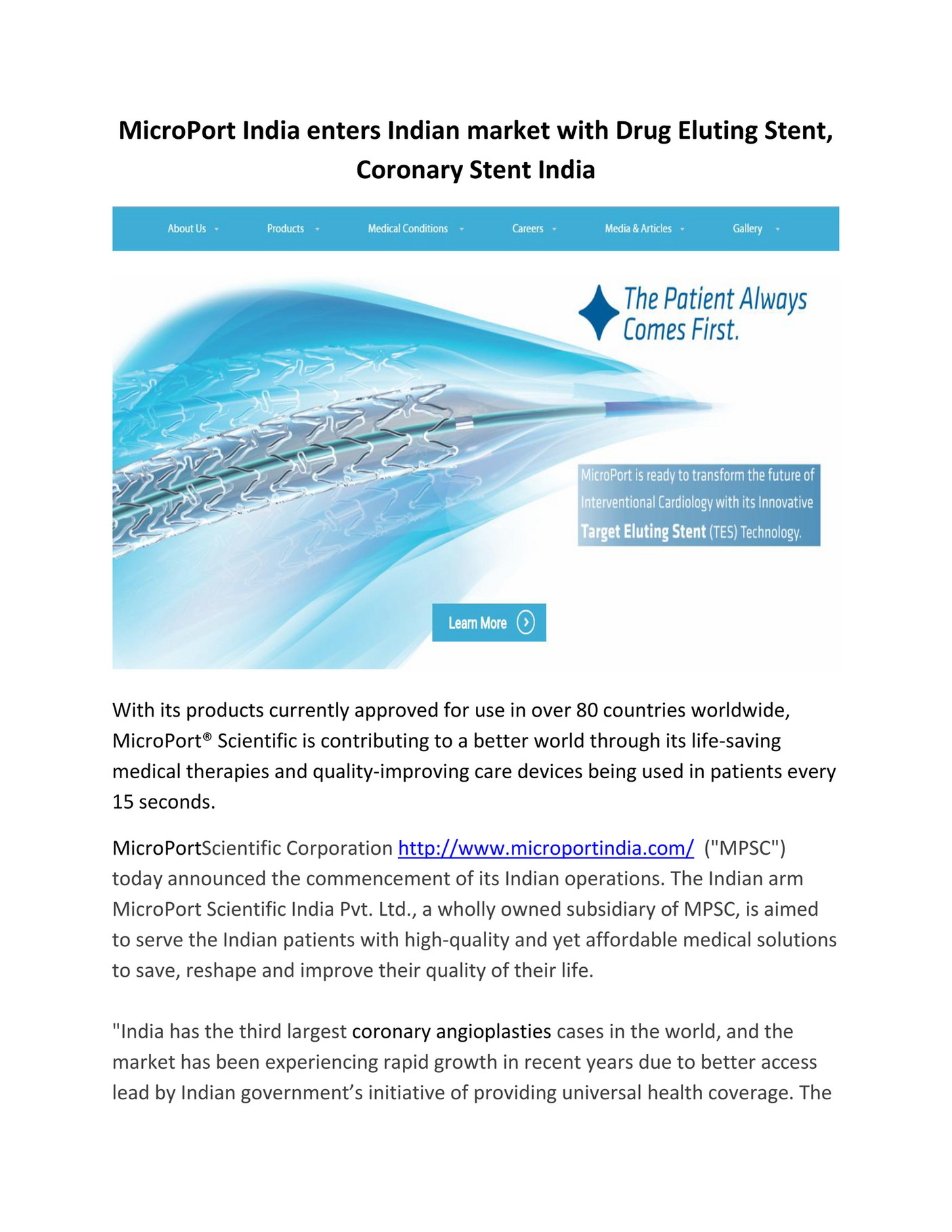 My publications - MicroPort India enters Indian market with Drug ...