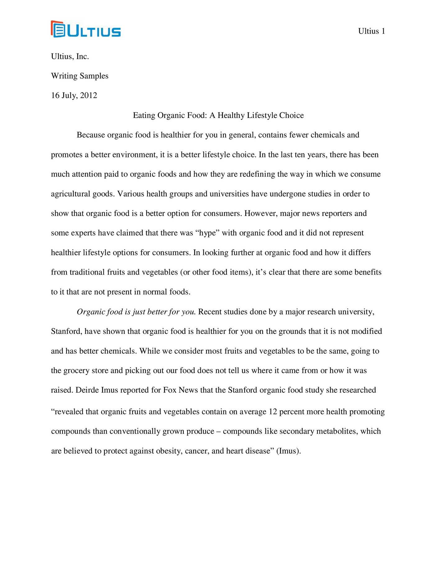 Ultius Inc Essay On Benefits Of Organic Food In MLA Format Page 1 Created With Publitas