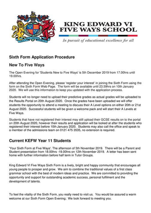 King Edward VI Five Ways Schoo - Sixth Form application procedure oct ...