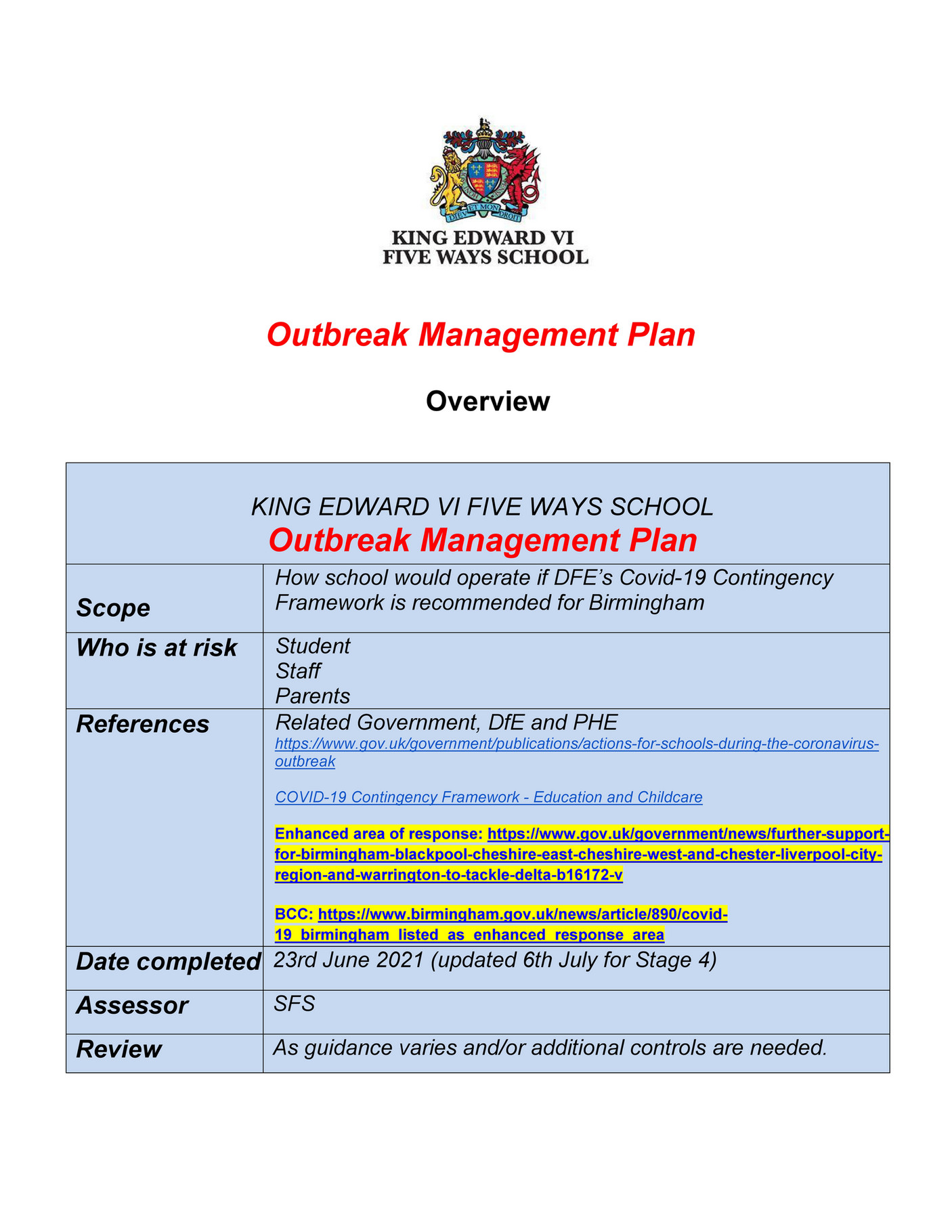 King Edward VI Five Ways Schoo - Outbreak Management Plan Stage 4 ...