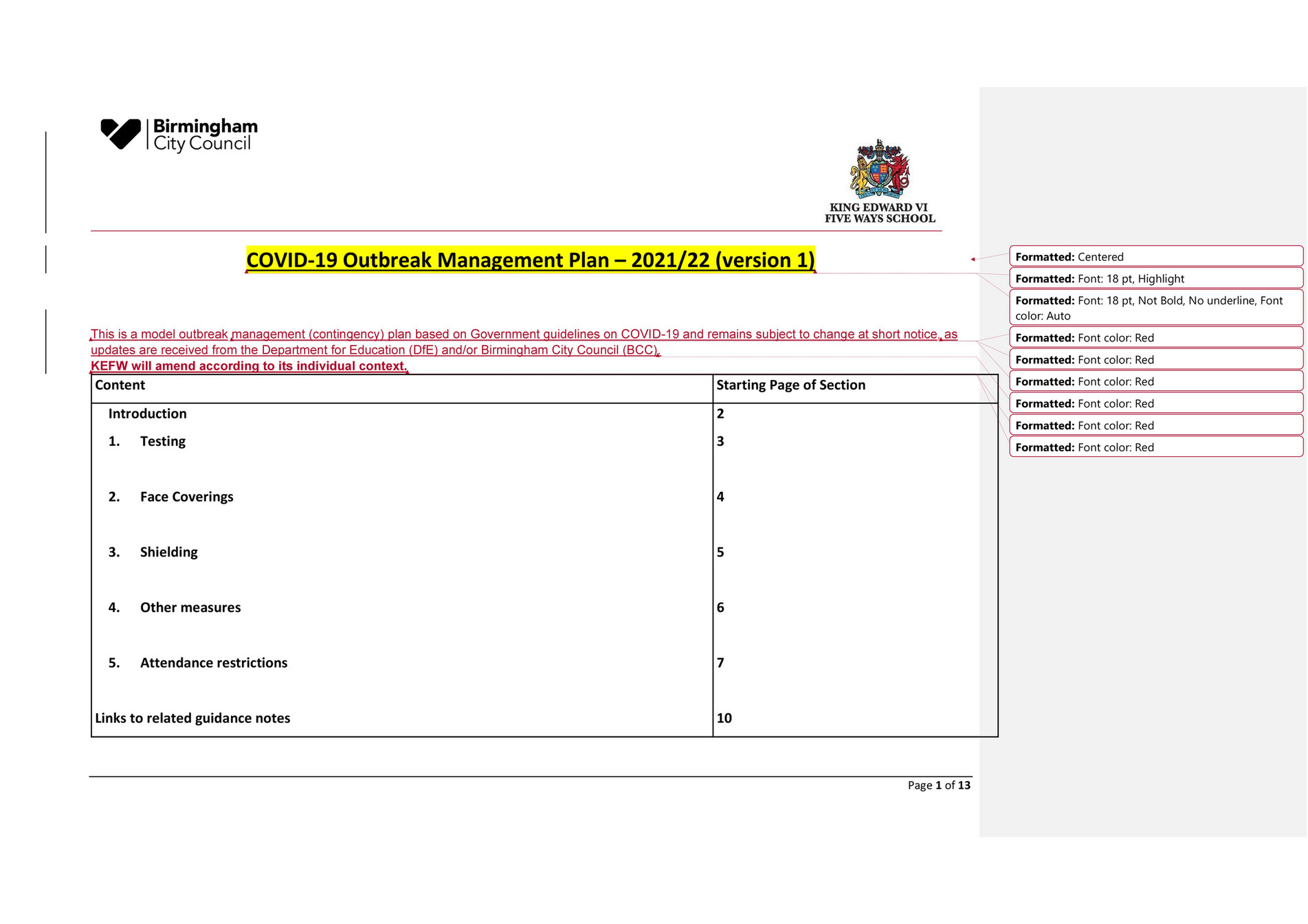 King Edward VI Five Ways Schoo - KEFW Covid Outbreak Management Plan ...