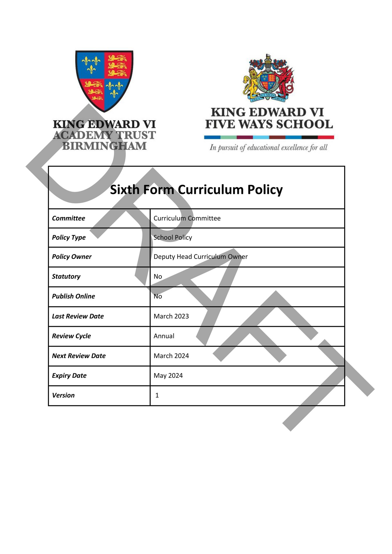 King Edward VI Five Ways Schoo - Sixth Form Curriculum Rationale and ...