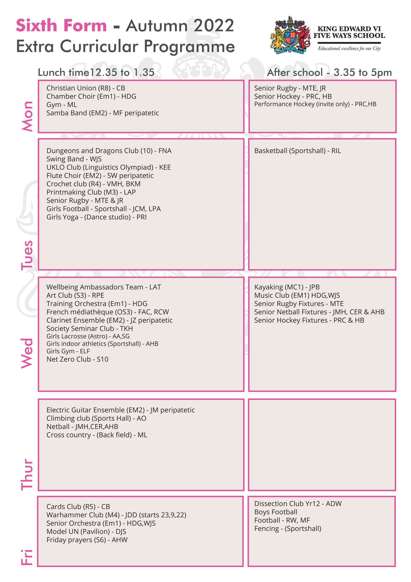 King Edward VI Five Ways Schoo - Extra Curricular Programme Sixth Form ...