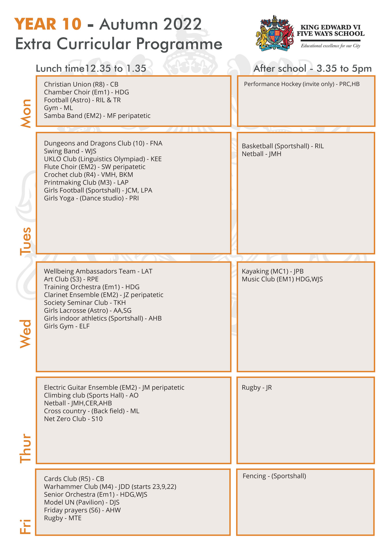 King Edward VI Five Ways Schoo - Extra Curricular Programme Y10 - Page ...