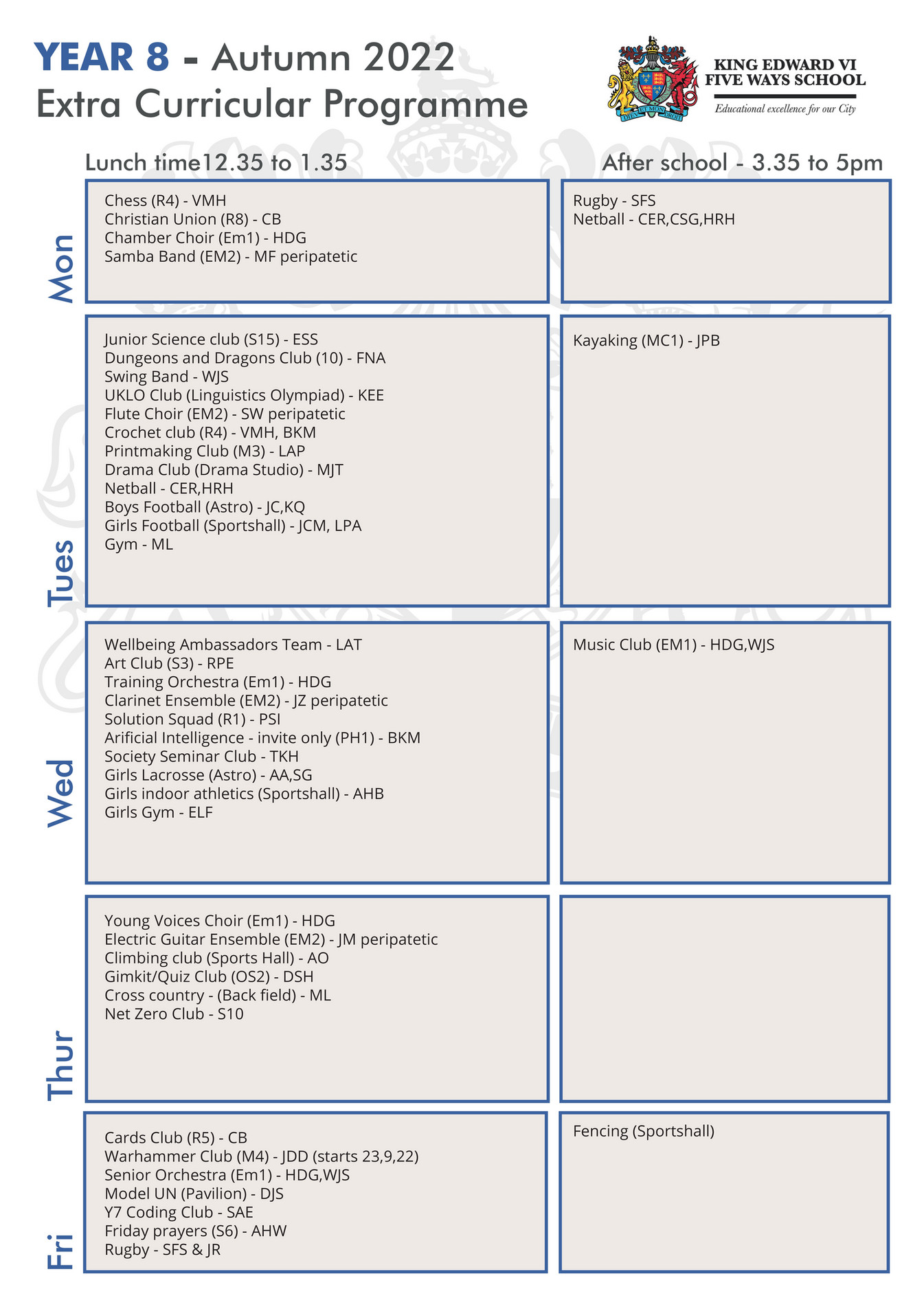 King Edward VI Five Ways Schoo - Extra Curricular Programme Y8 - Page 1 ...
