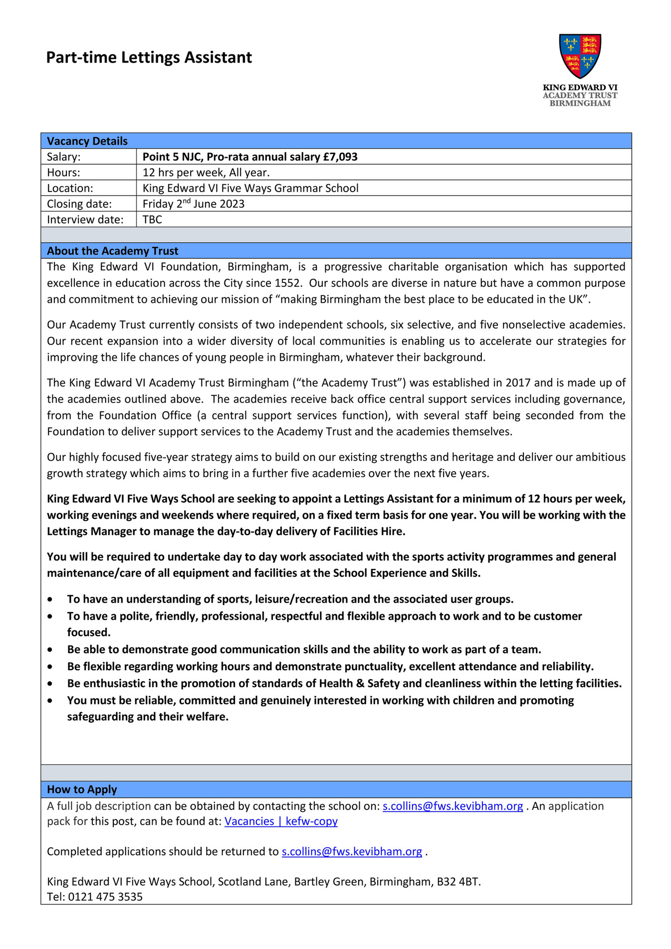King Edward VI Five Ways Schoo - AT Job Advert - Part-time Lettings ...