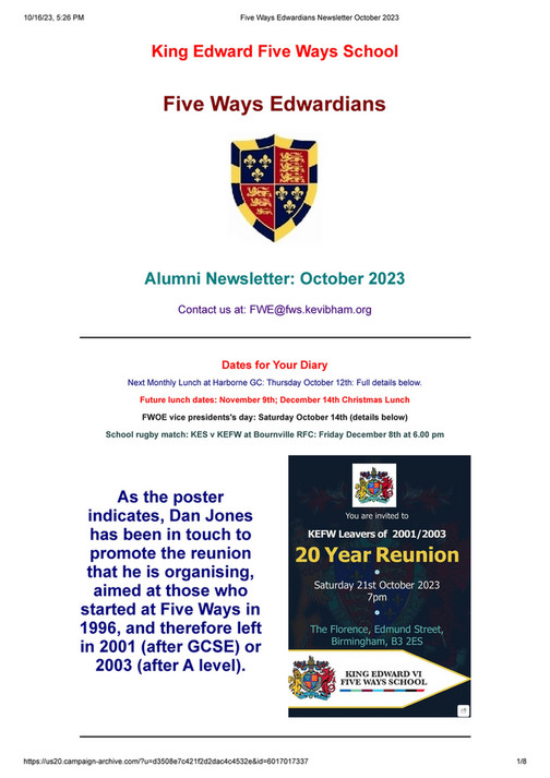 King Edward VI Five Ways School - Five Ways Edwardians Newsletter October 2023 - Page 1 ...
