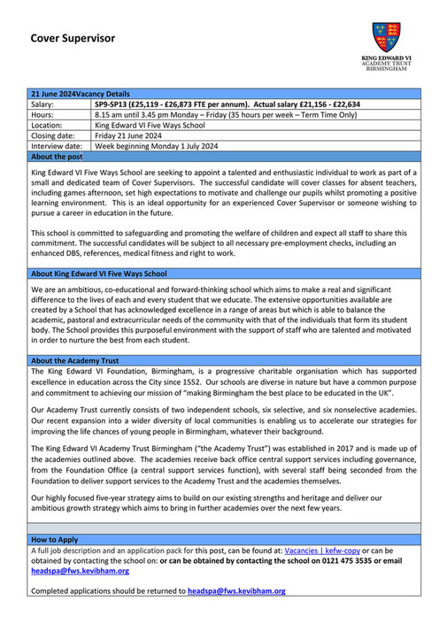 King Edward VI Five Ways Schoo - Cover Supervisor - Job Advert - Page 1 ...