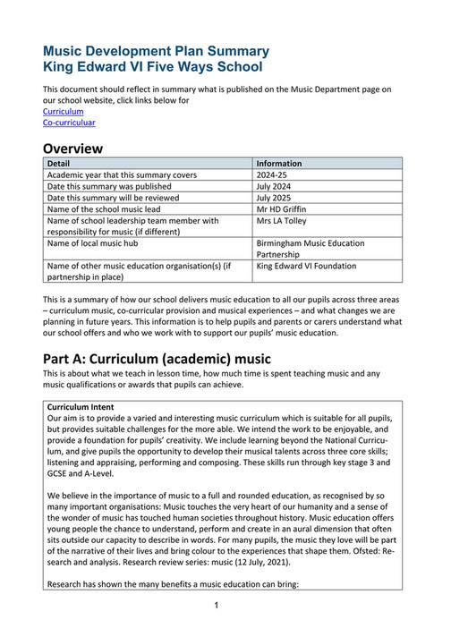 King Edward VI Five Ways Schoo - Music - School Music Development Plan ...