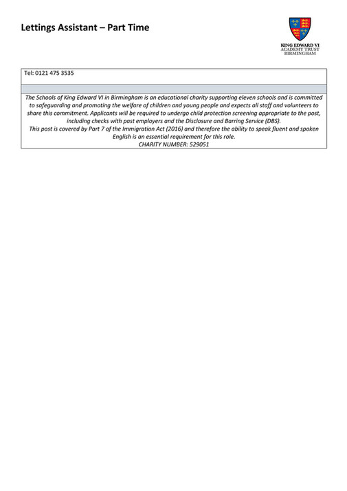 King Edward VI Five Ways School - Lettings Assistant - Job Advert ...