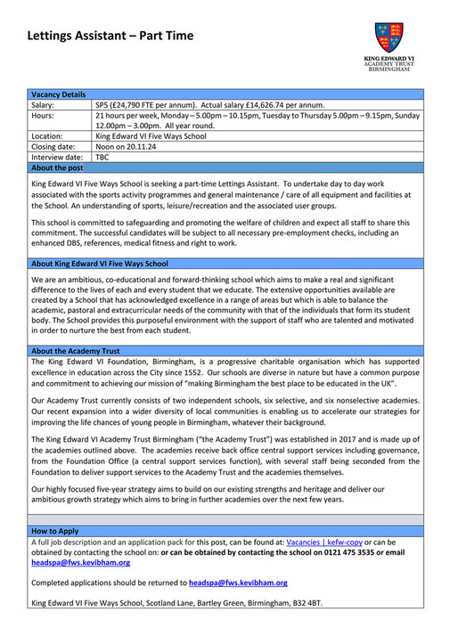 King Edward VI Five Ways School - Lettings Assistant - Job Advert ...