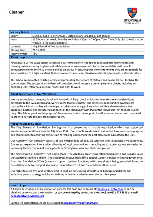 King Edward VI Five Ways Schoo - Cleaner - Job Advert - Page 1 ...
