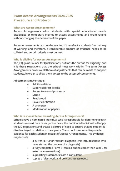 King Edward VI Five Ways School - Exam Access Arrangements - Procedure and Protocol - Page 1 ...