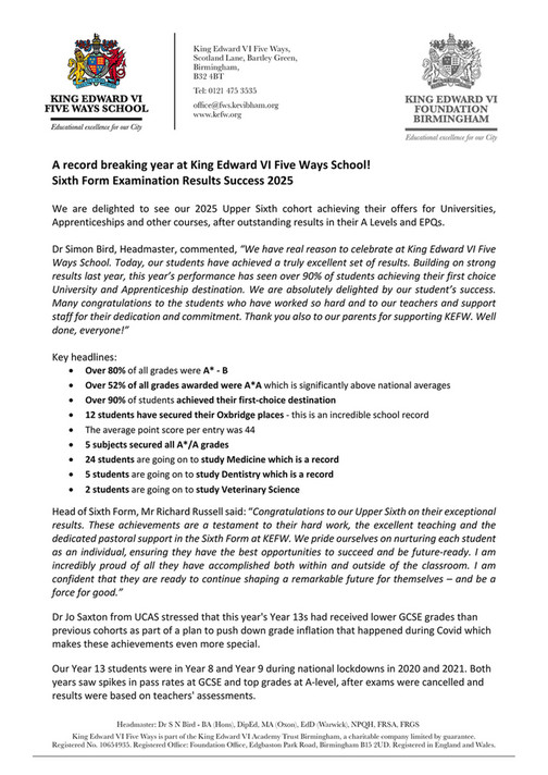 King Edward VI Five Ways Schoo - A record breaking year at King Edward ...