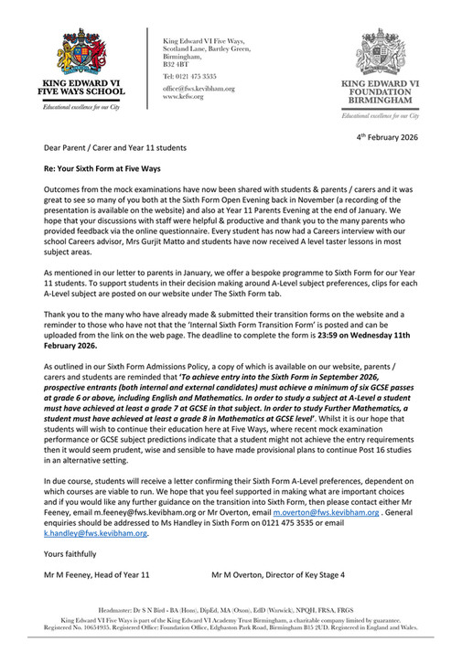 King Edward VI Five Ways School - Sixth Form Letter Feb 2026 - Page 1 ...