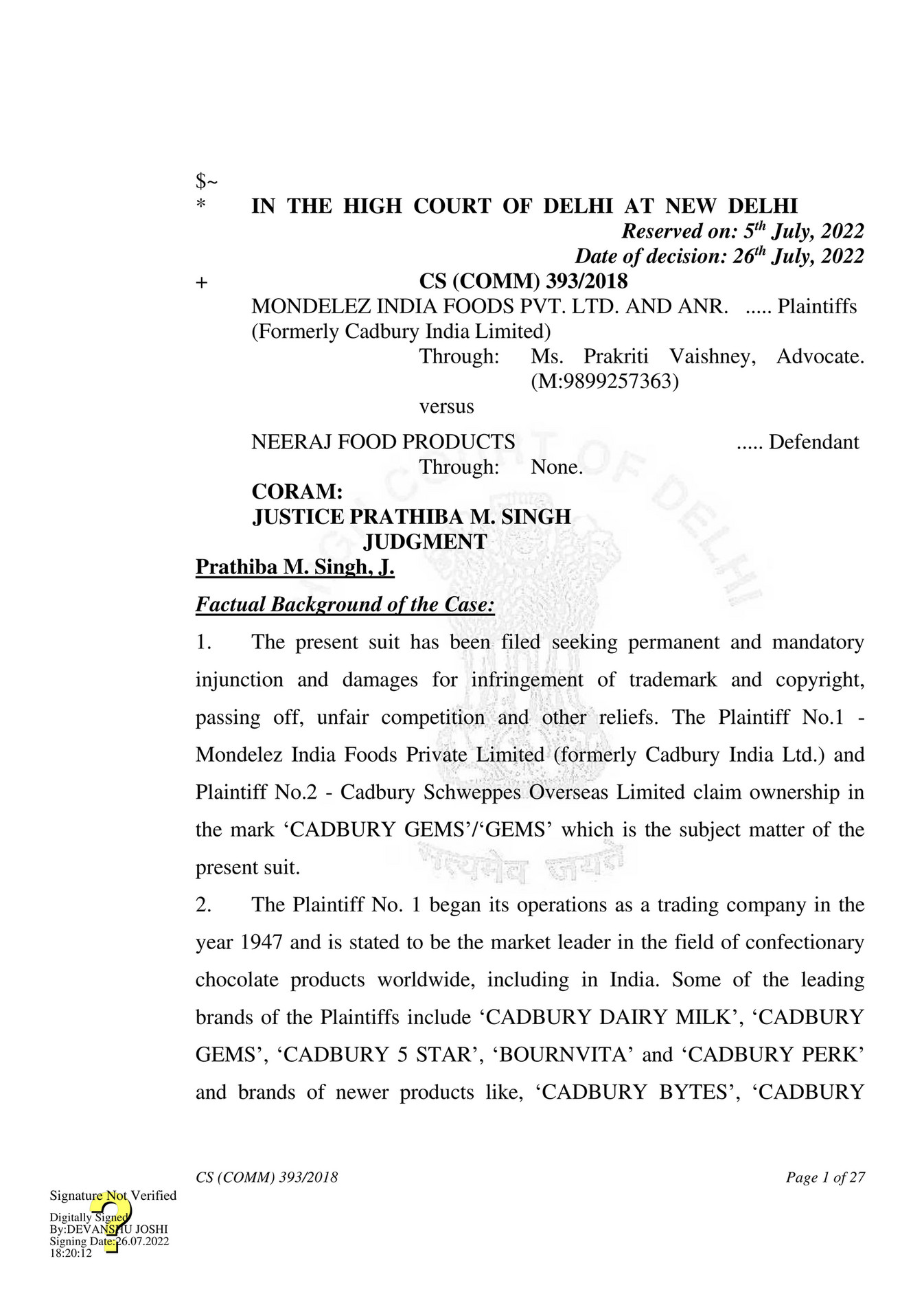 AJAY AMITABH SUMAN - Mondelez India Foods Pvt Ltd Vs Neeraj Food ...