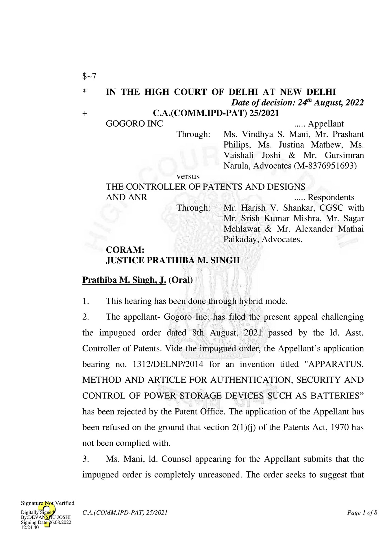 AJAY AMITABH SUMAN - Gogoro INC Vs The Controller of Patent and Designs ...