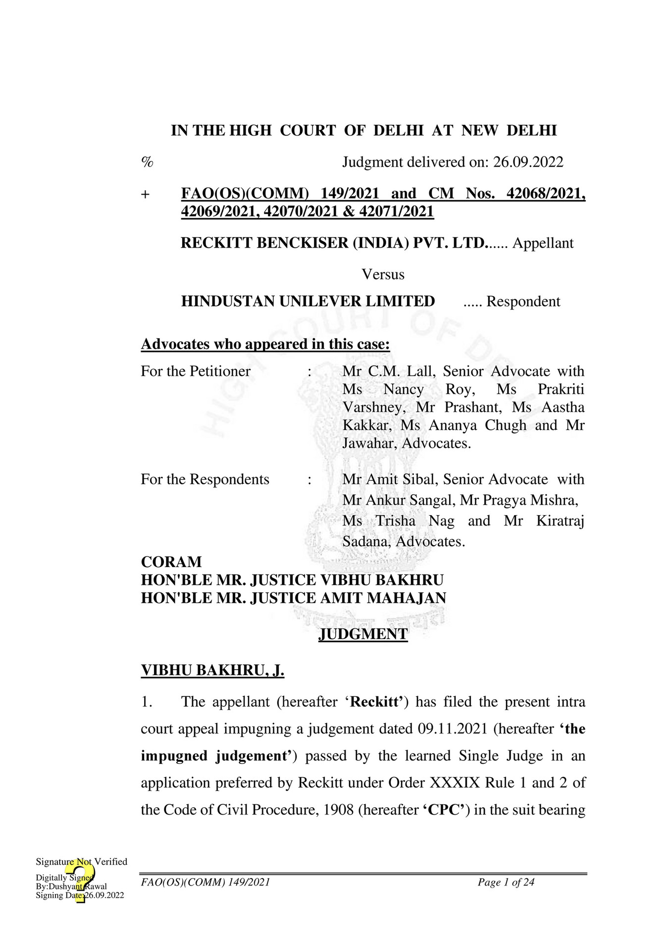 AJAY AMITABH SUMAN - Reckitt Benckiser India Pvt. Ltd. Vs Hindustant ...