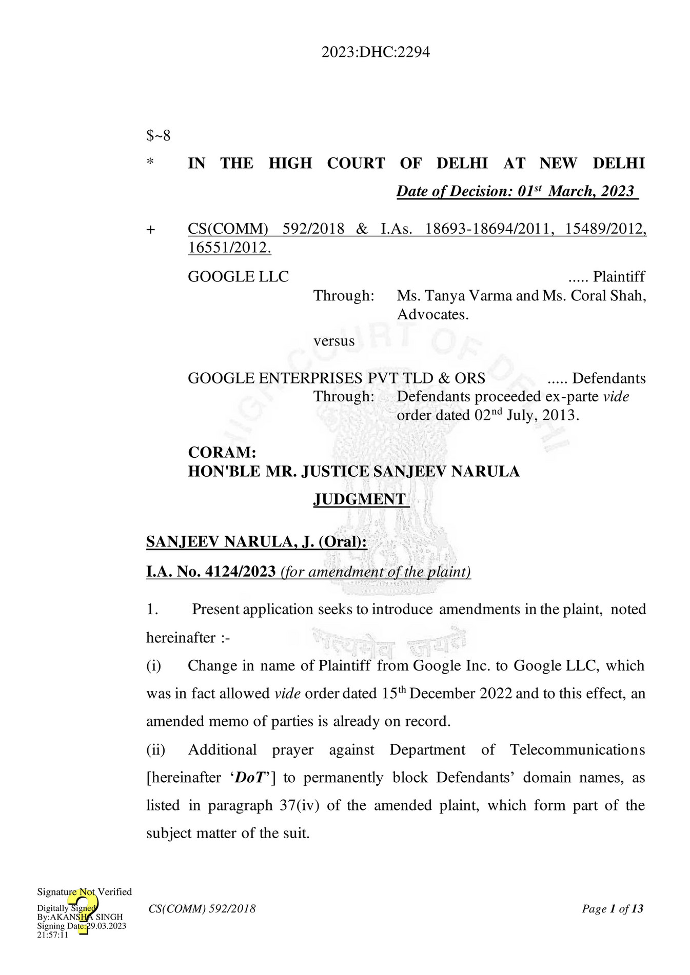 AJAY AMITABH SUMAN - Google LLC Vs Google Enterprises Pvt. Ltd. - Page ... AJAY AMITABH SUMAN - Google LLC Vs Google Enterprises Pvt. Ltd. - Page ...