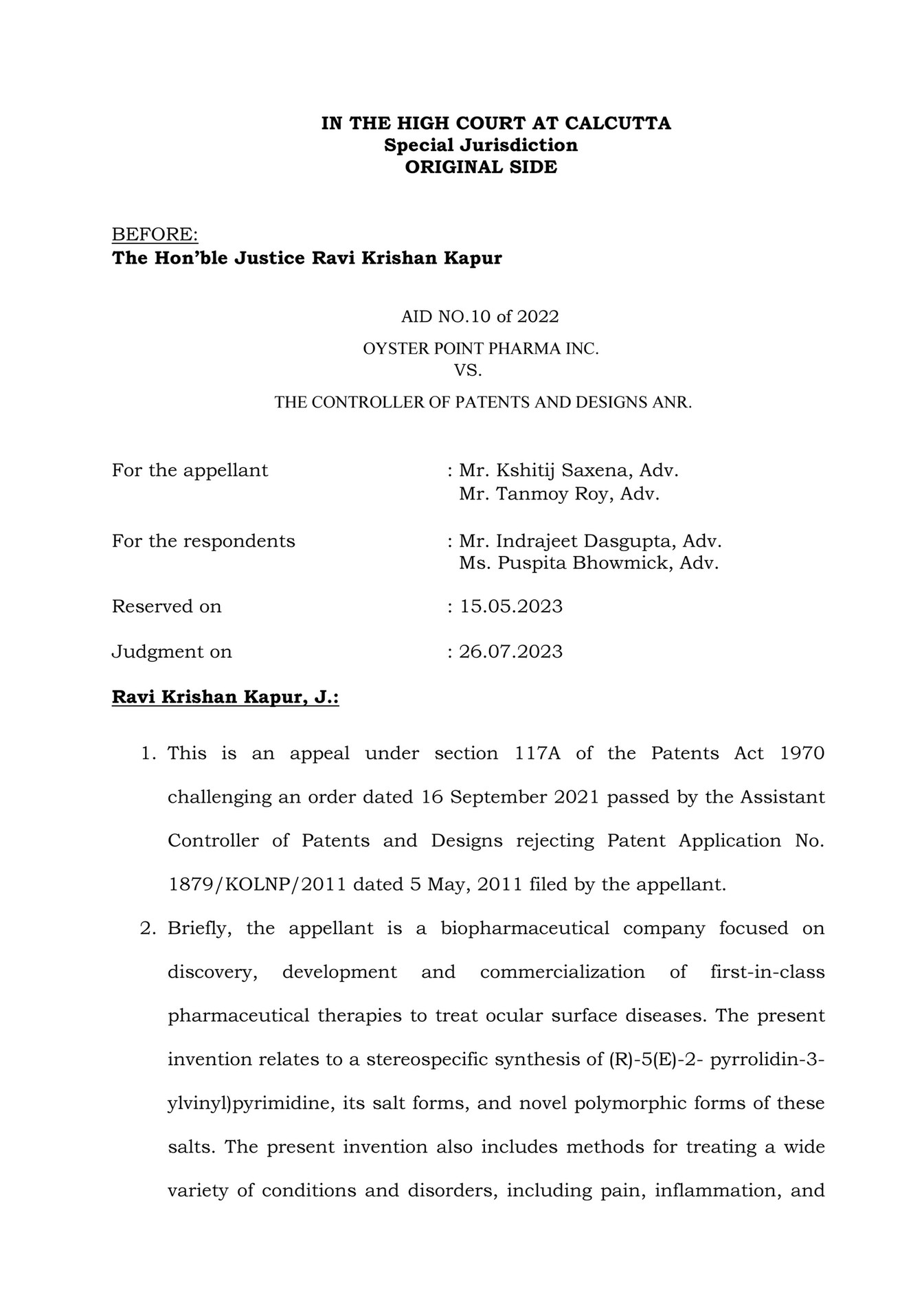 AJAY AMITABH SUMAN Oyster Point Pharma Inc Vs The Controller Of