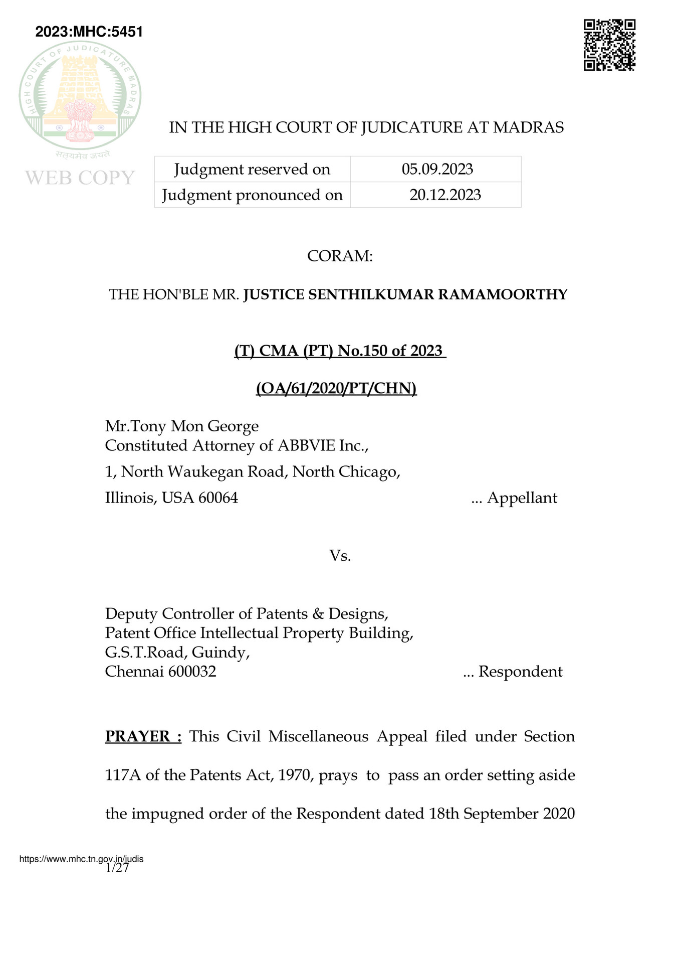 AJAY AMITABH SUMAN - Mr.Tony Mon George Vs Deputy Controller of Patent ...