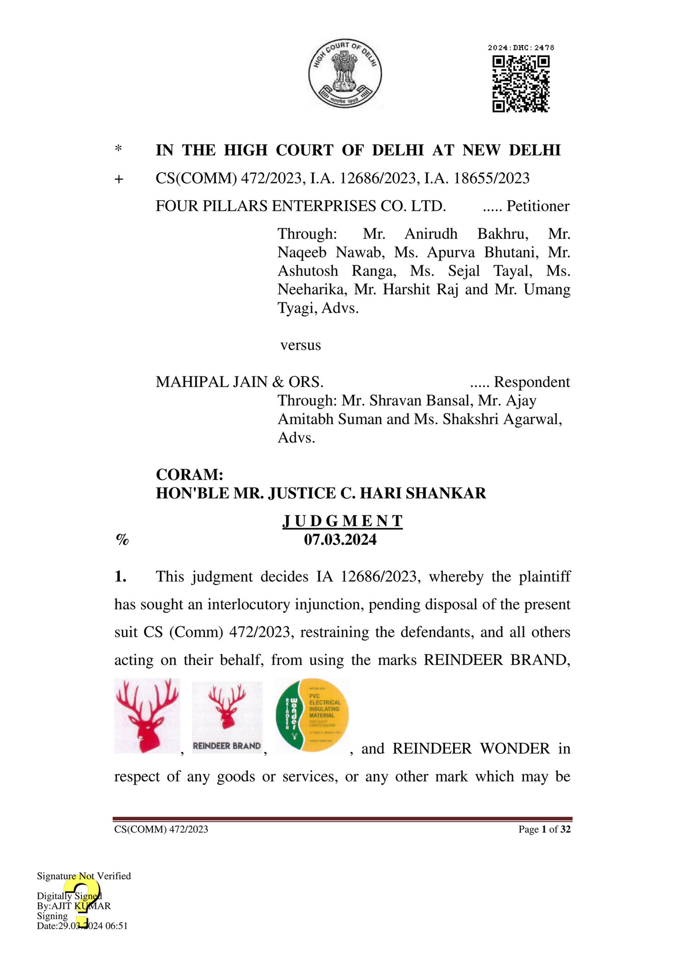 AJAY AMITABH SUMAN - Four Pillars Enterprises Co. Vs Mahipal Jain and ...