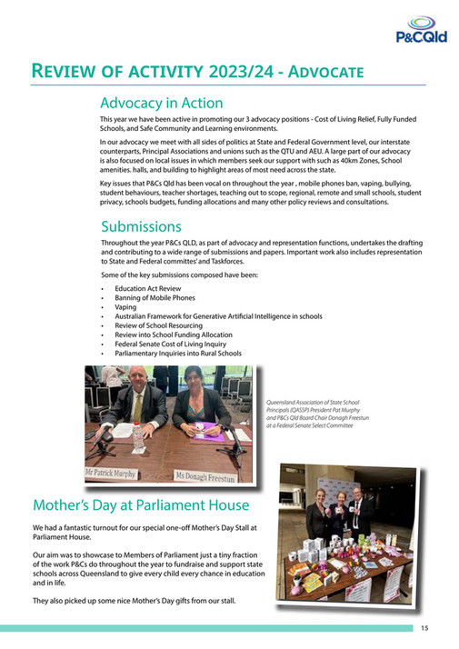 P&Cs Qld - QCPCA/P&Cs Qld Annual Report 2023/24 - Page 14-15 - Created with Publitas.com