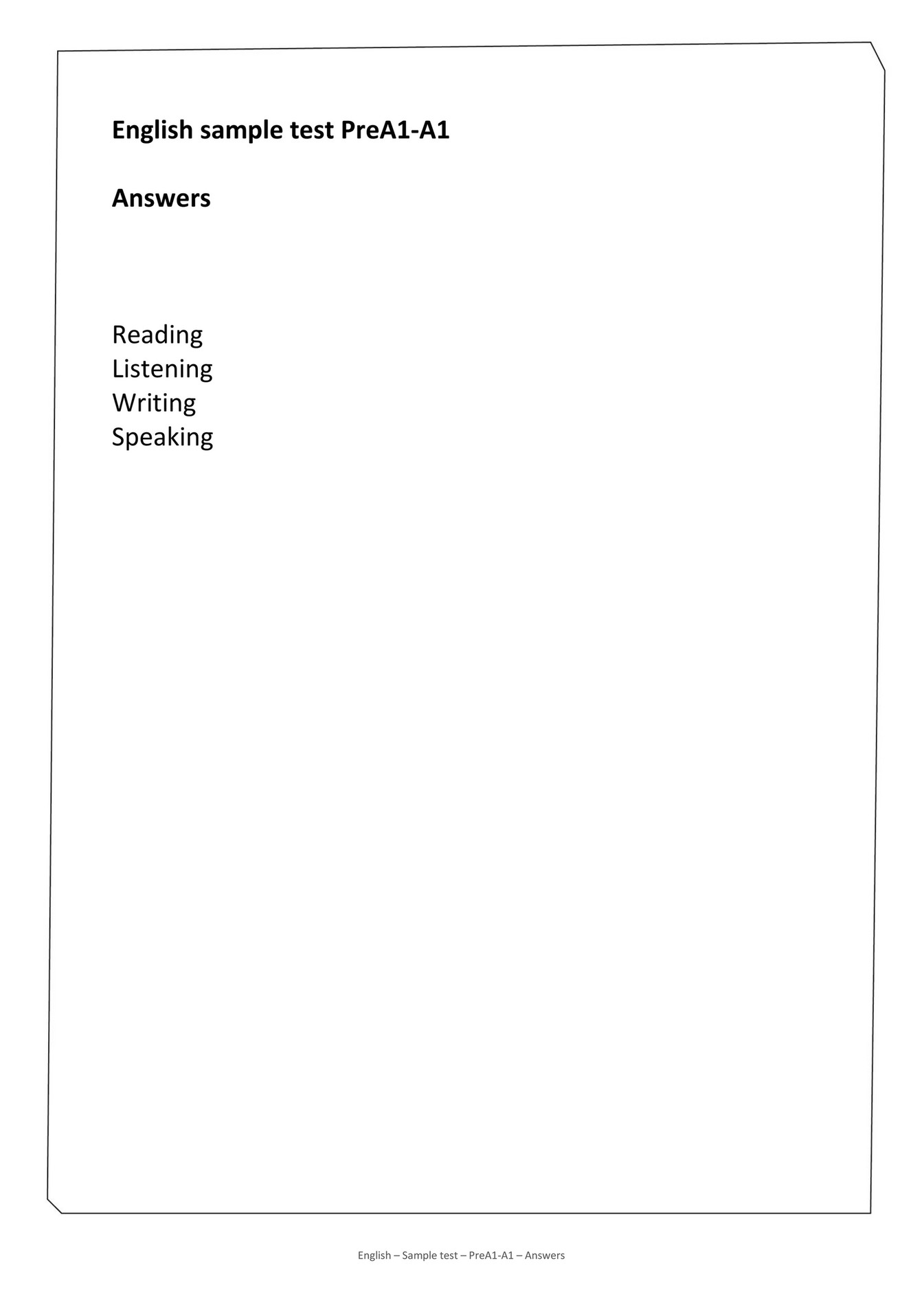 Bureau ICE - English Sample test PreA1A1 Answers - Pagina 1