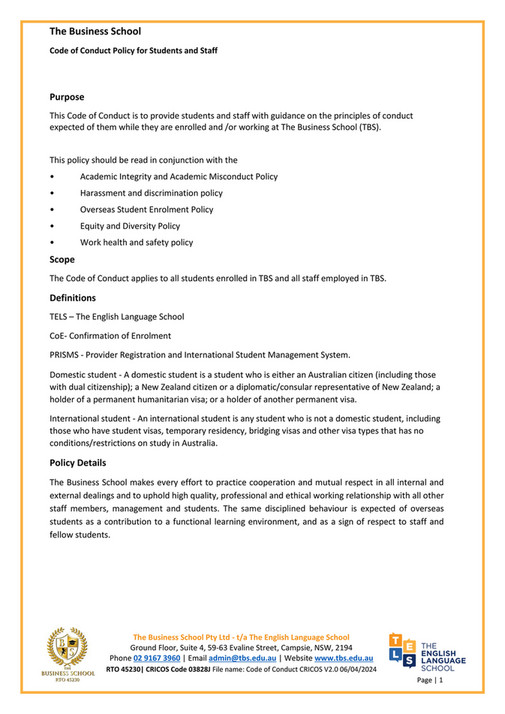 The Business School - Code of Conduct Policy for Students and Staff ...
