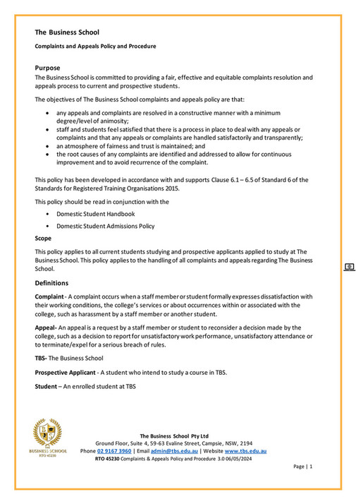 The Business School - Domestic Student Complaints & Appeals Policy and Procedure v3.0 - Page 1