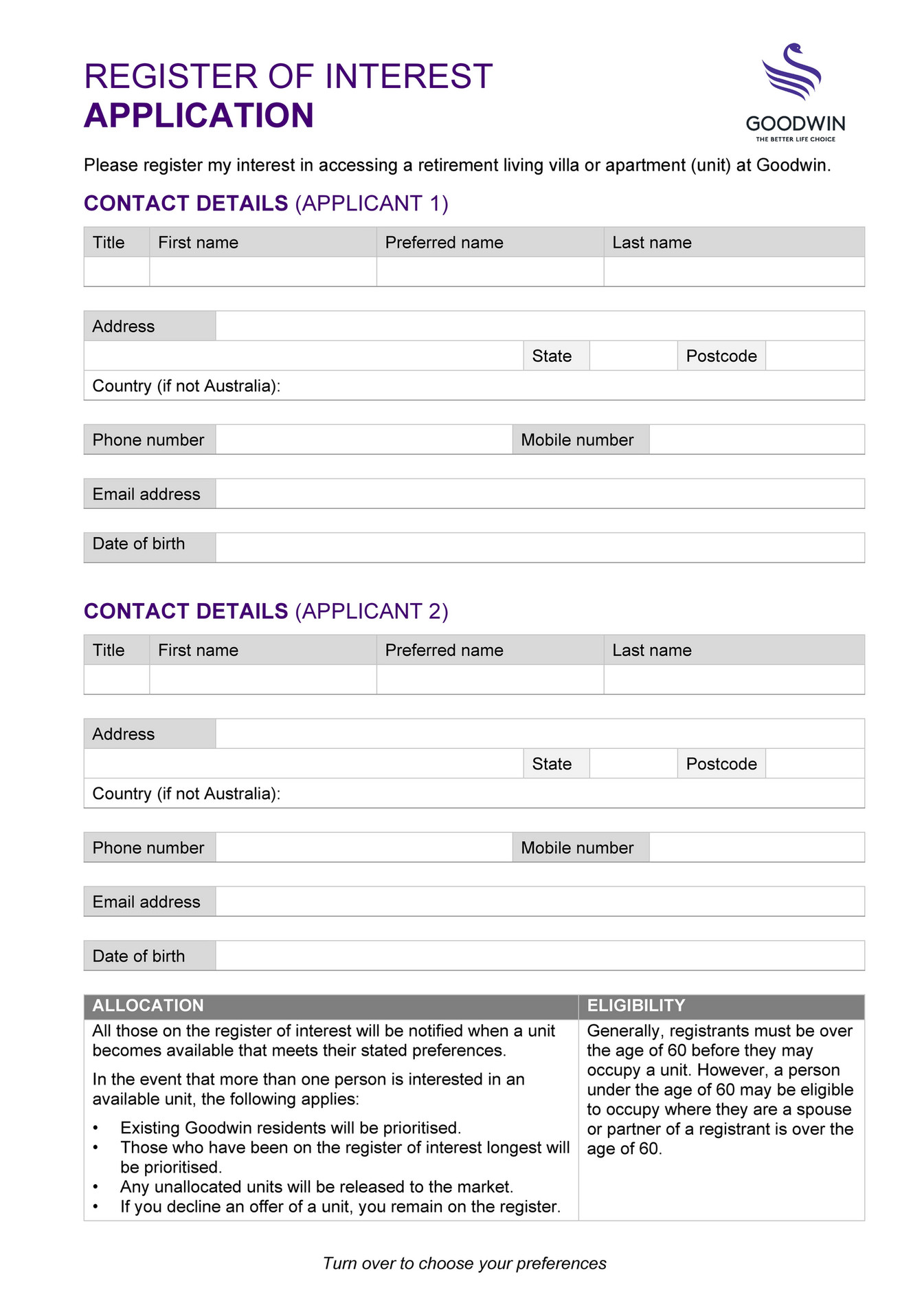 Goodwin - Retirement living register of interest form - Page 1