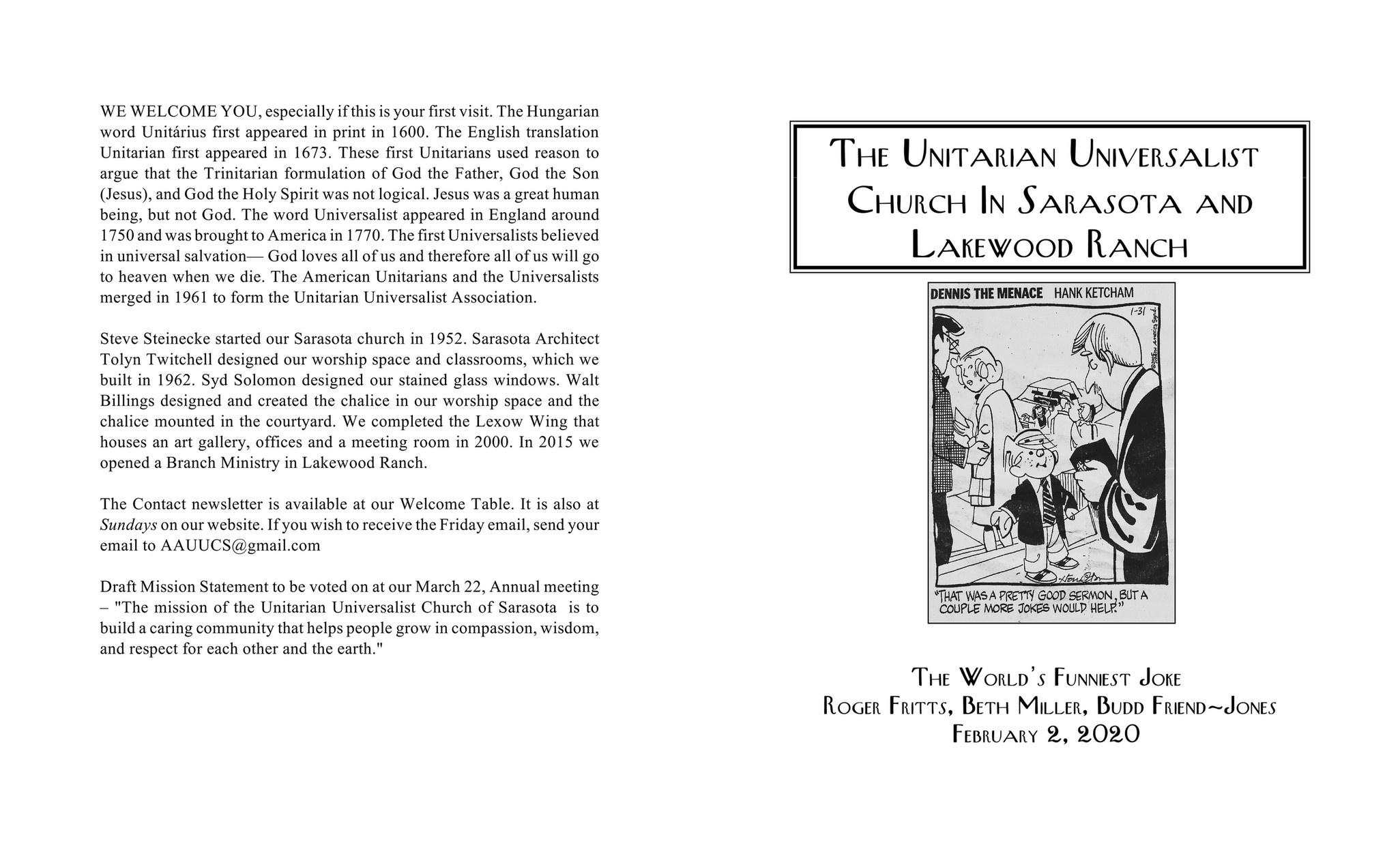 Unitarian Universalist Church of Sarasota Florida - 2020 02 02 order of ...