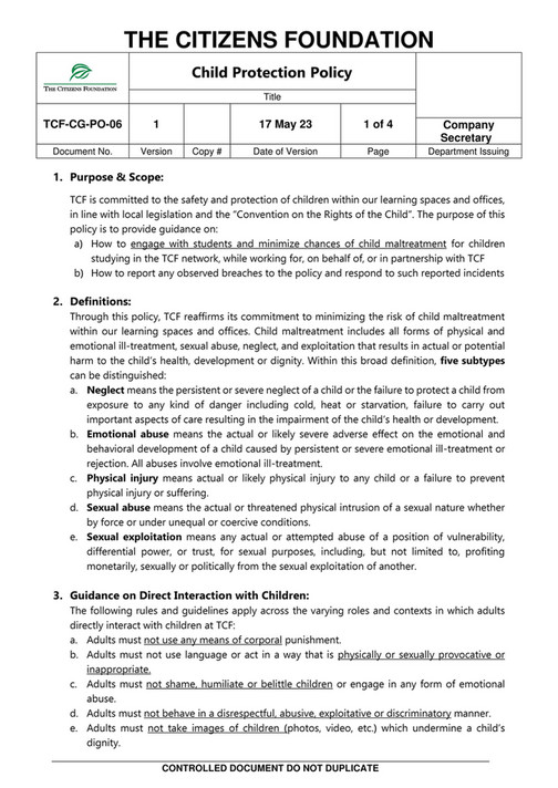 The Citizens Foundation - Child Protection & Safeguarding Policy - Page 1