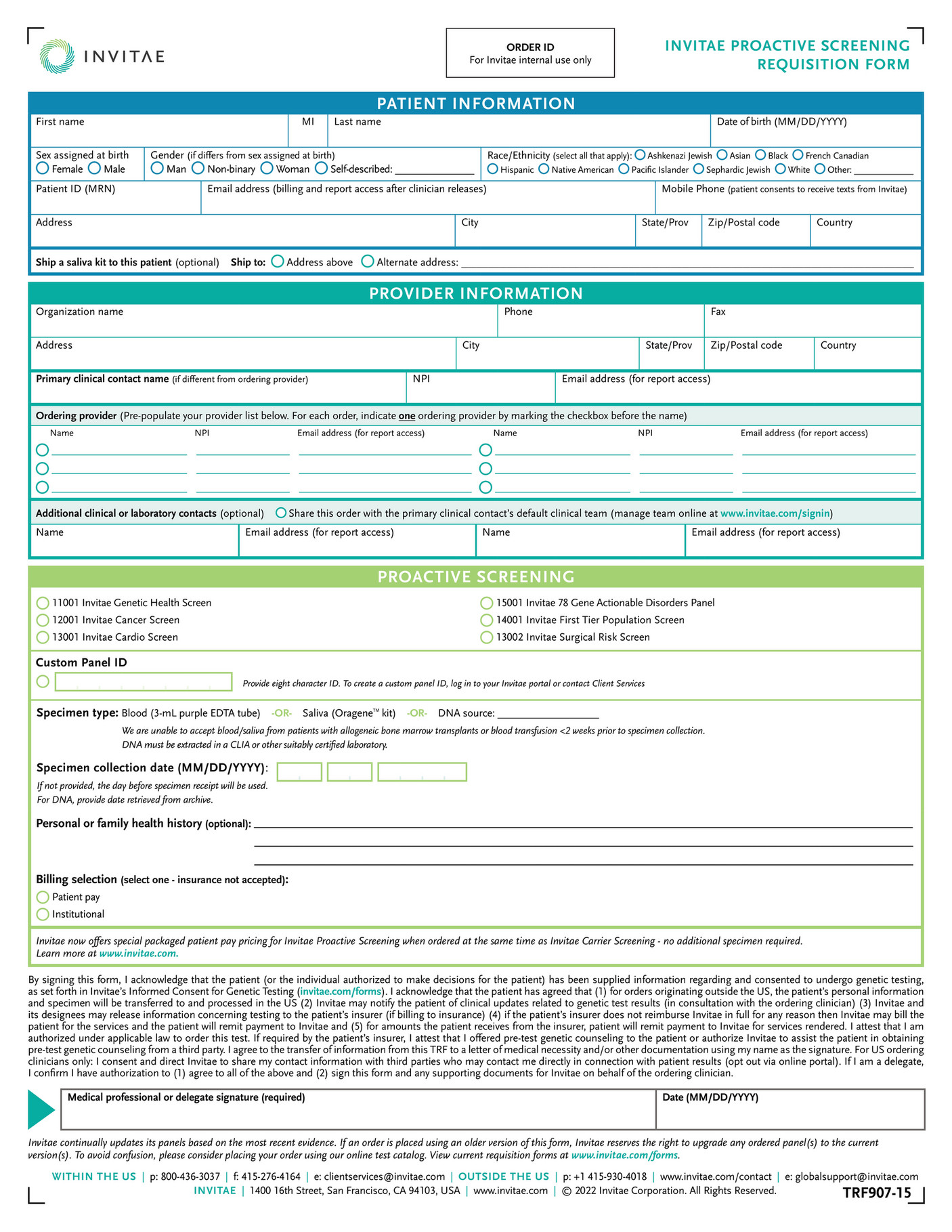 Invitae - TRF907_Invitae_GeneticHealthScreen_ReqForm - Page 1